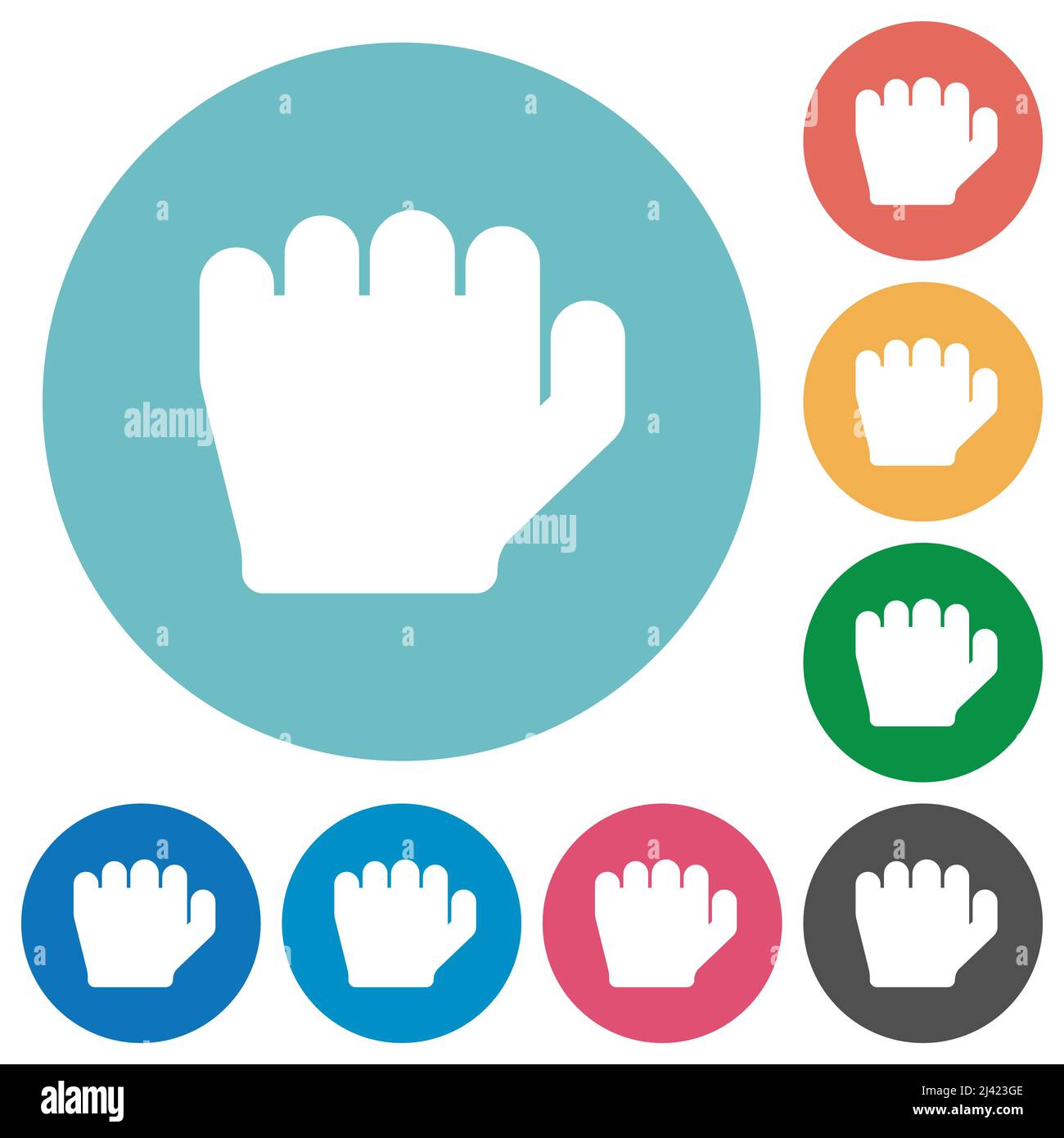 Left handed grab gesture flat white icons on round color backgrounds ...