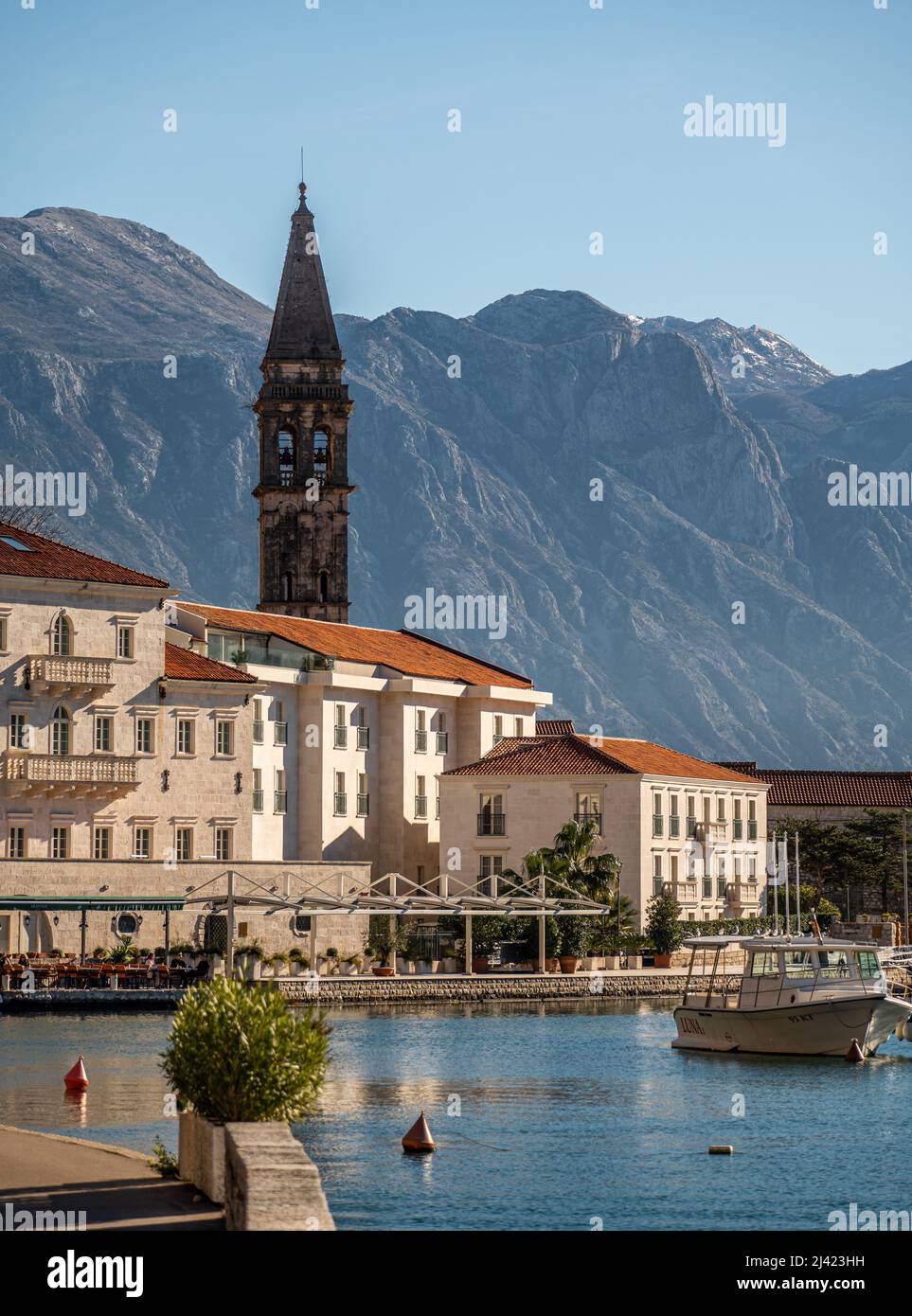 Historic city of Perast at Bay of Kotor in summer, Montenegro. vertical ...