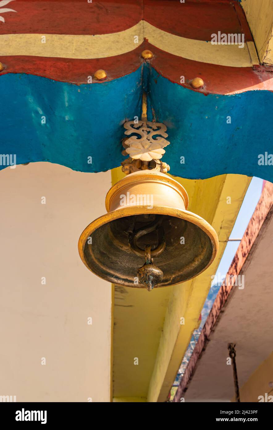 indian religious holy copper bell from low angle image is taken at ...