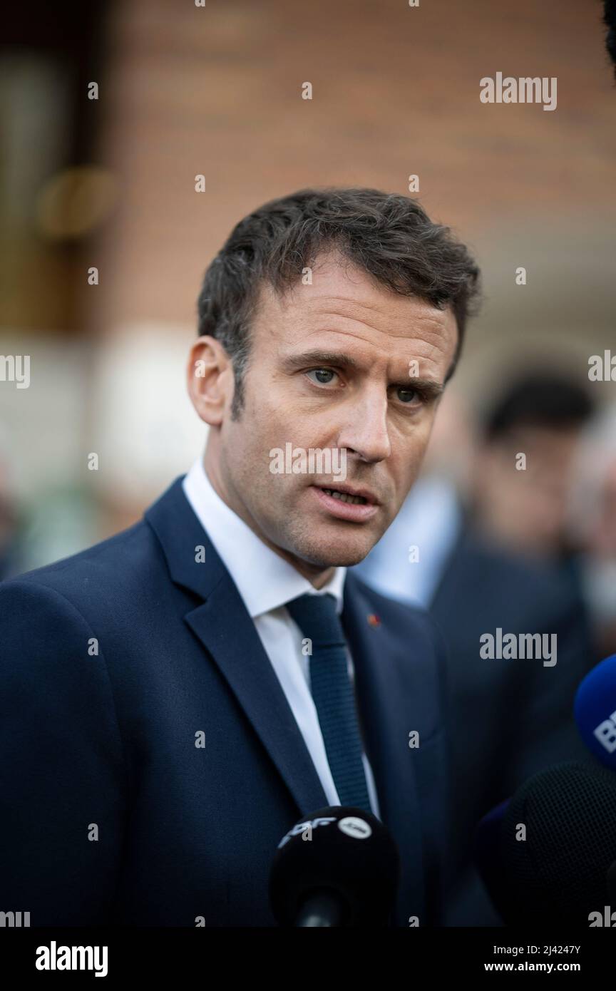 Denain, northern France, on April 11, 2022. French President and ...