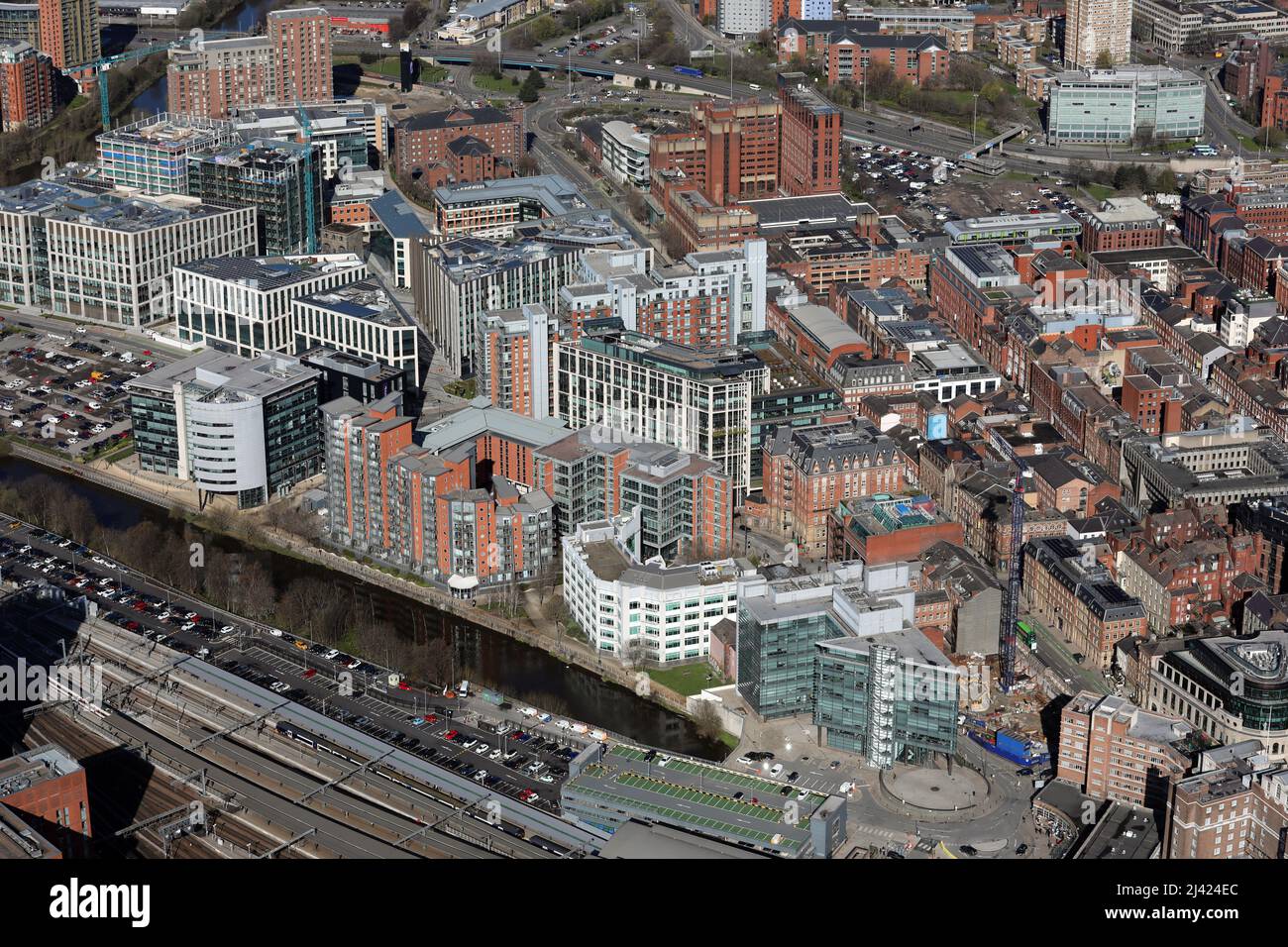 aerial view of Leeds city centre from over the Station looking across ...