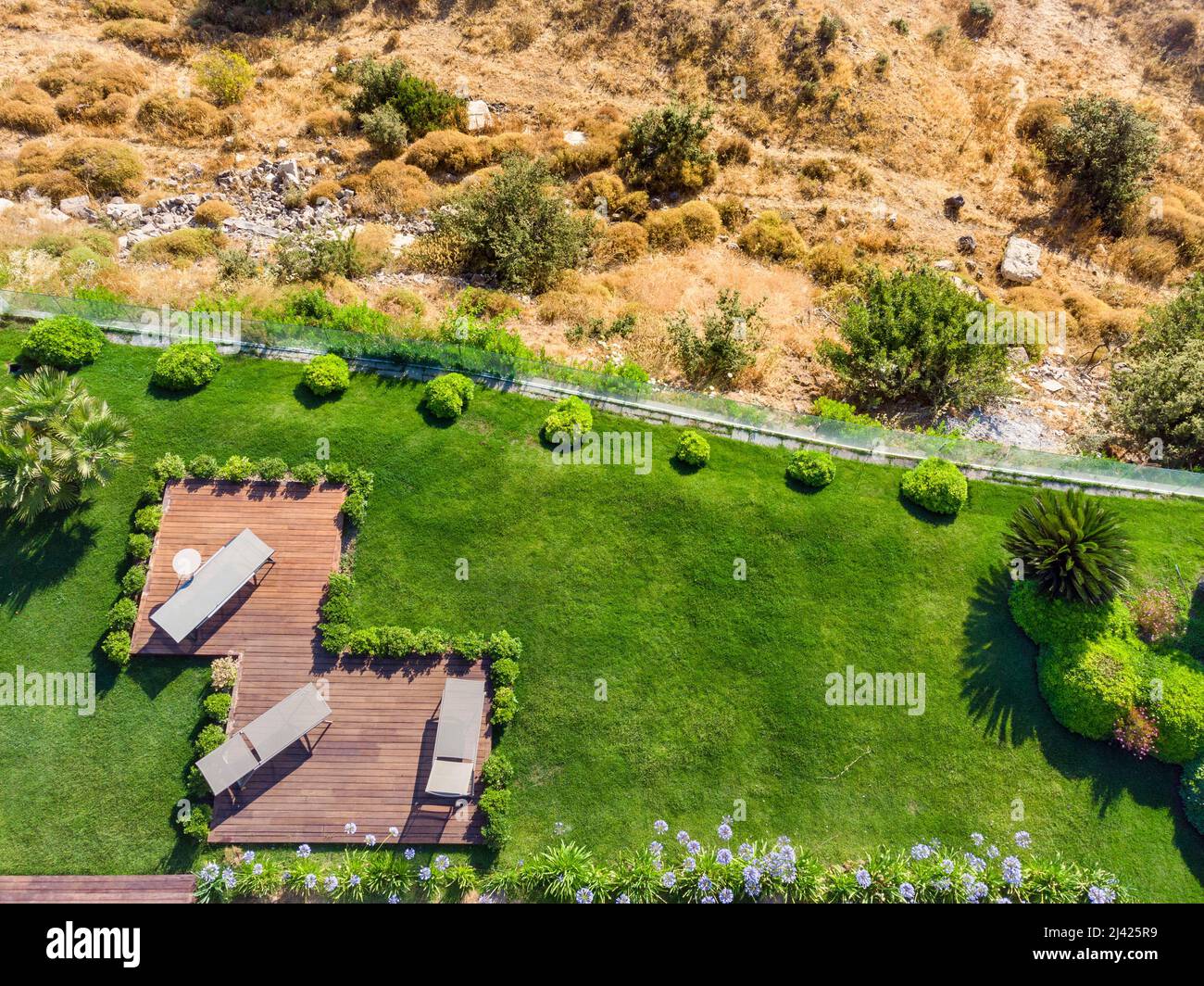 Terrace with green grass morning view. Wooden floor with chairs ...