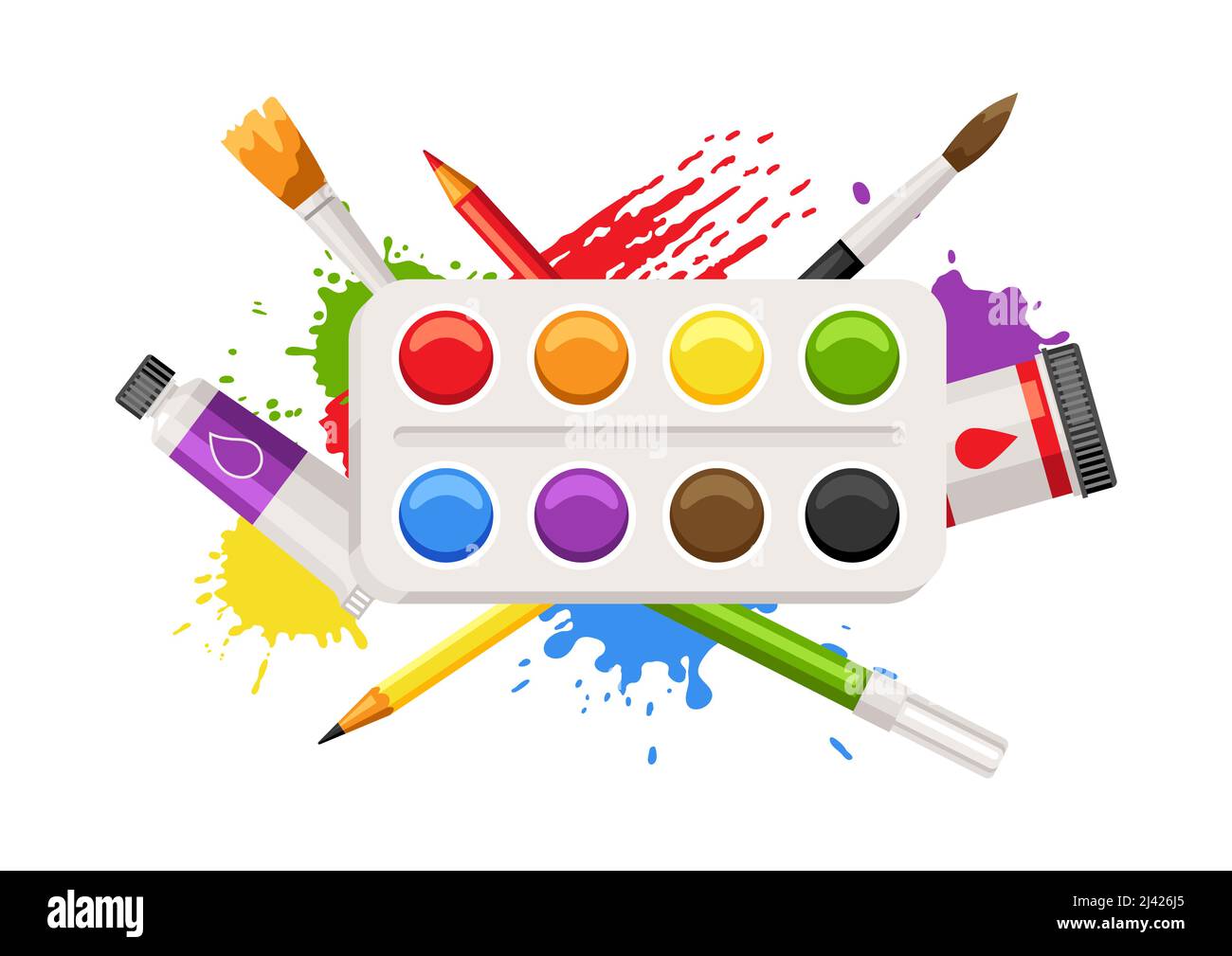 Background with painter tools and materials. Art supplies for ...