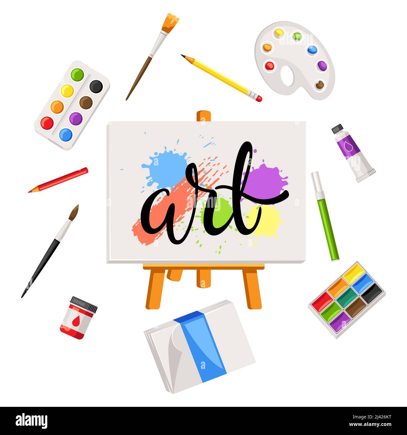 Background with painter tools and materials. Art supplies for ...