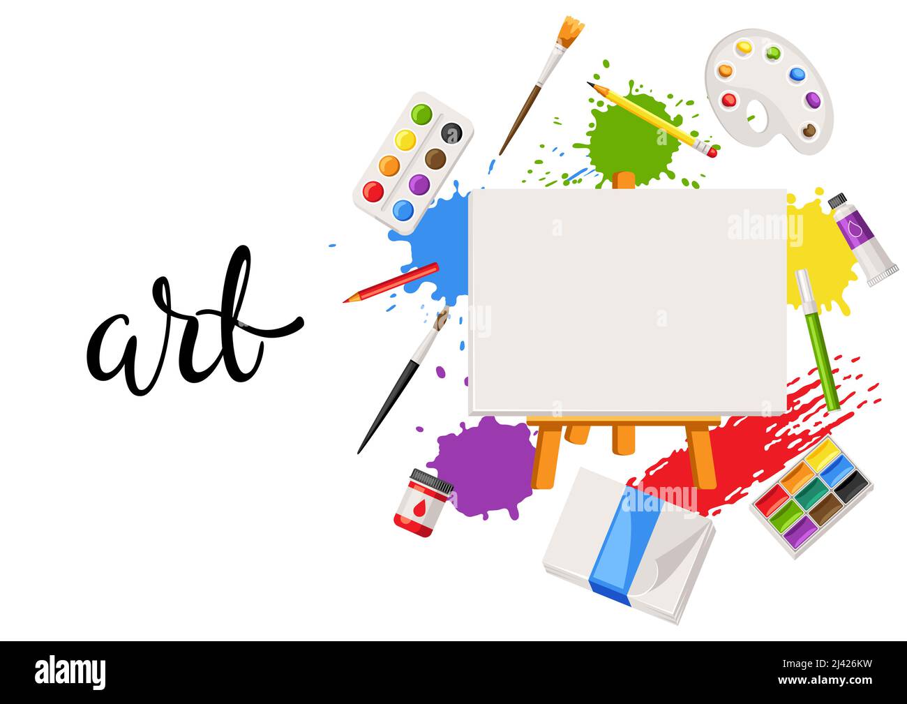 Background with painter tools and materials. Art supplies for ...