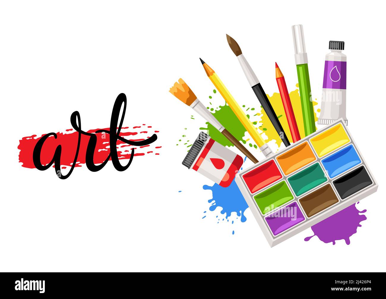 Background with painter tools and materials. Art supplies for ...