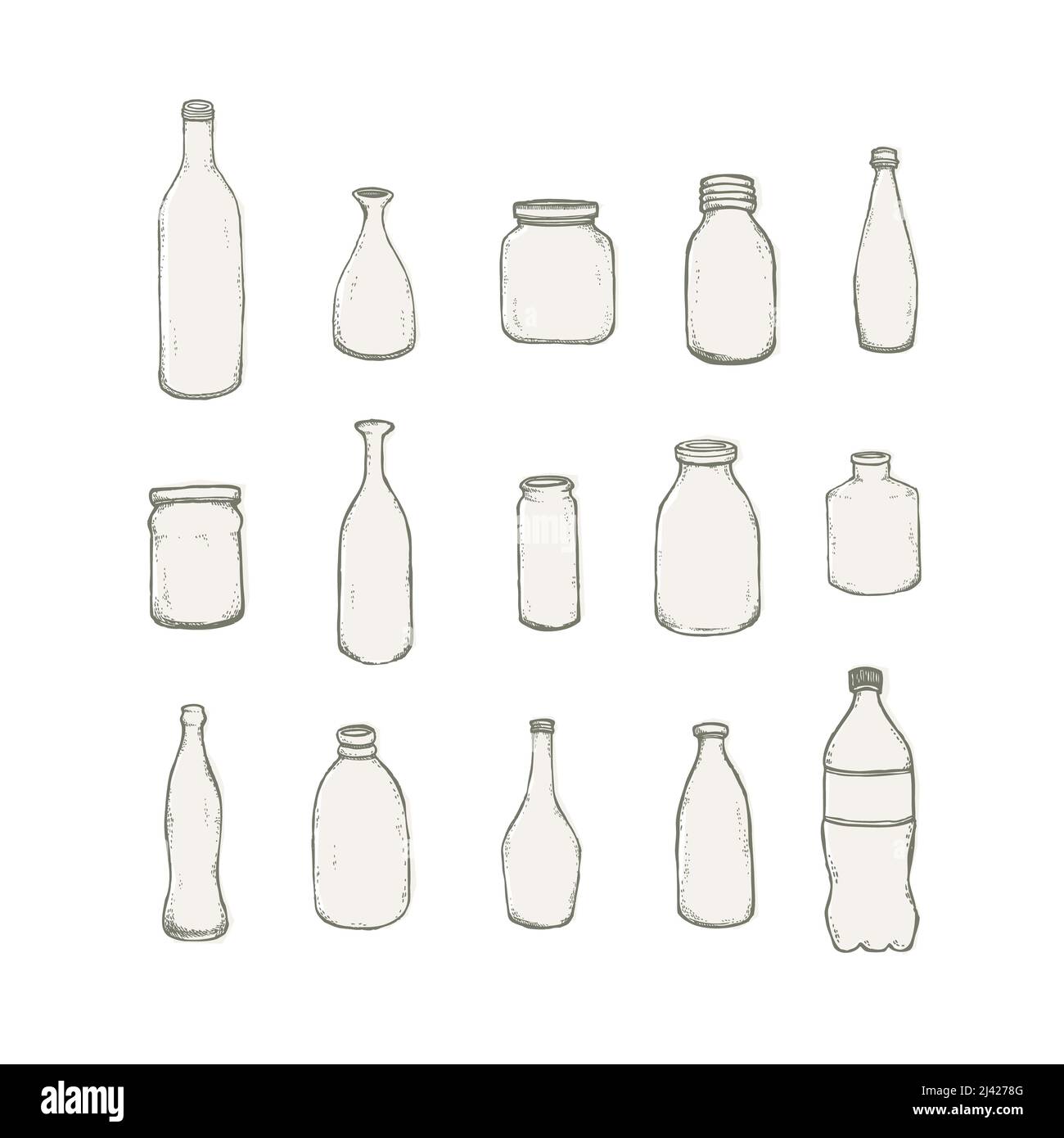 Hand drawn vector illustration of bottles set. Isolated on white Stock ...