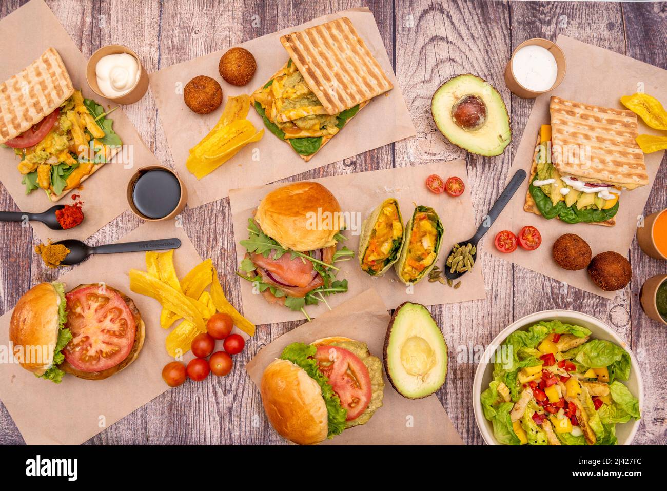 Healthy fast food dishes with assorted vegetable, fish and chicken ...