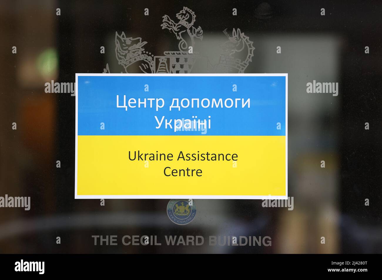 A sign on the door of the Ukrainian Assistance Centre at The Cecil Ward ...