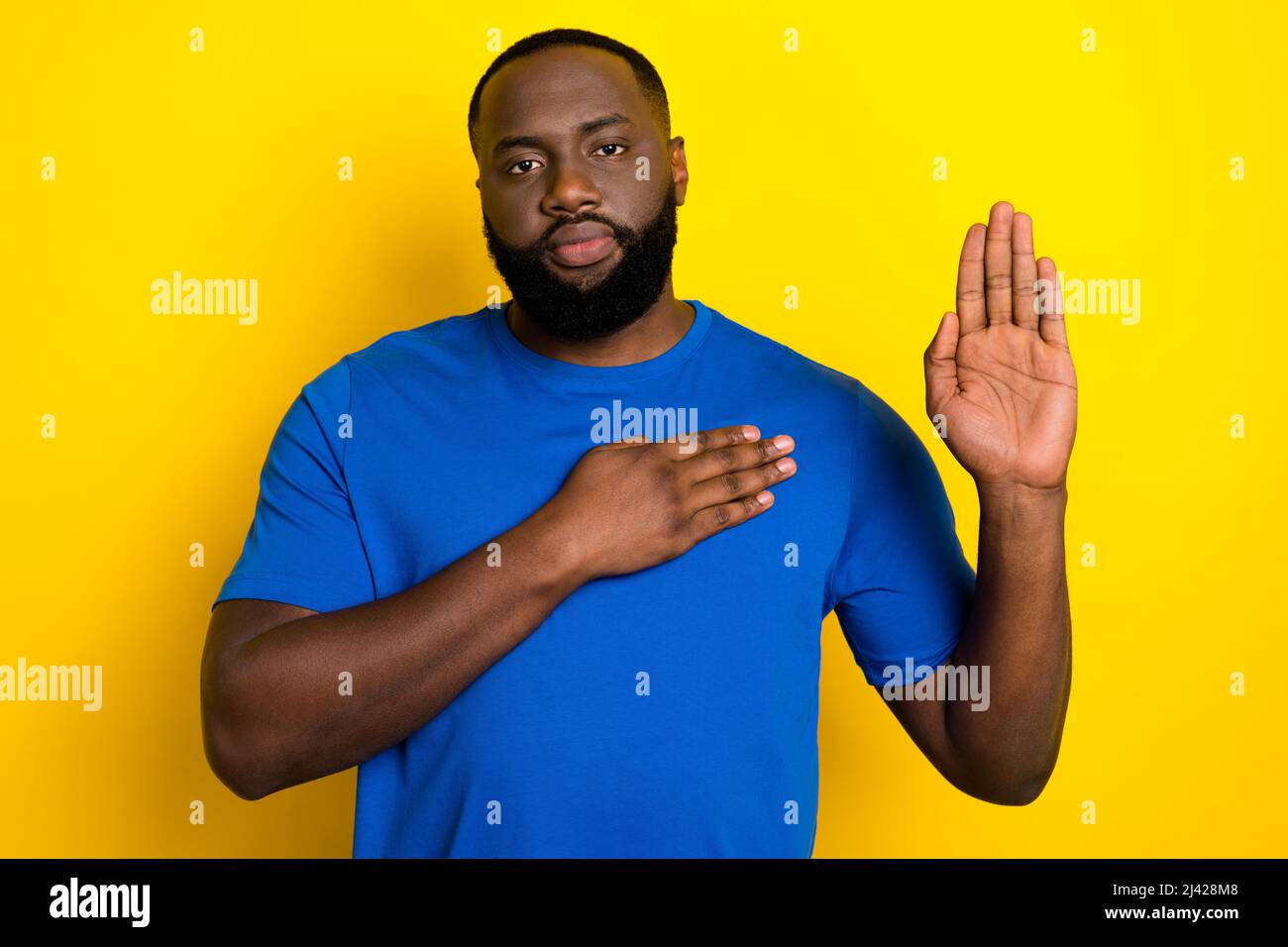 Portrait of attractive serious guy saying oath touching heart isolated ...