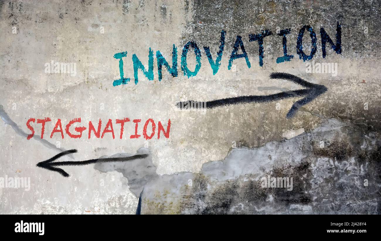 Street Sign the Direction Way to Innovation versus Stagnation Stock ...