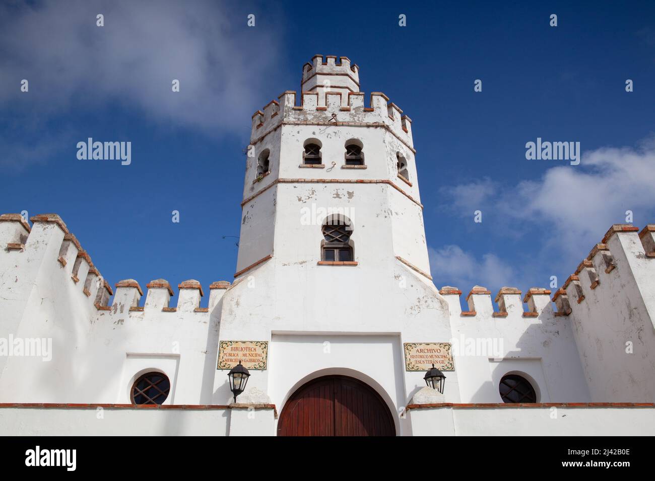 Detail of Public Library, Plaza de Santa Maria, building in Tarifa Old ...