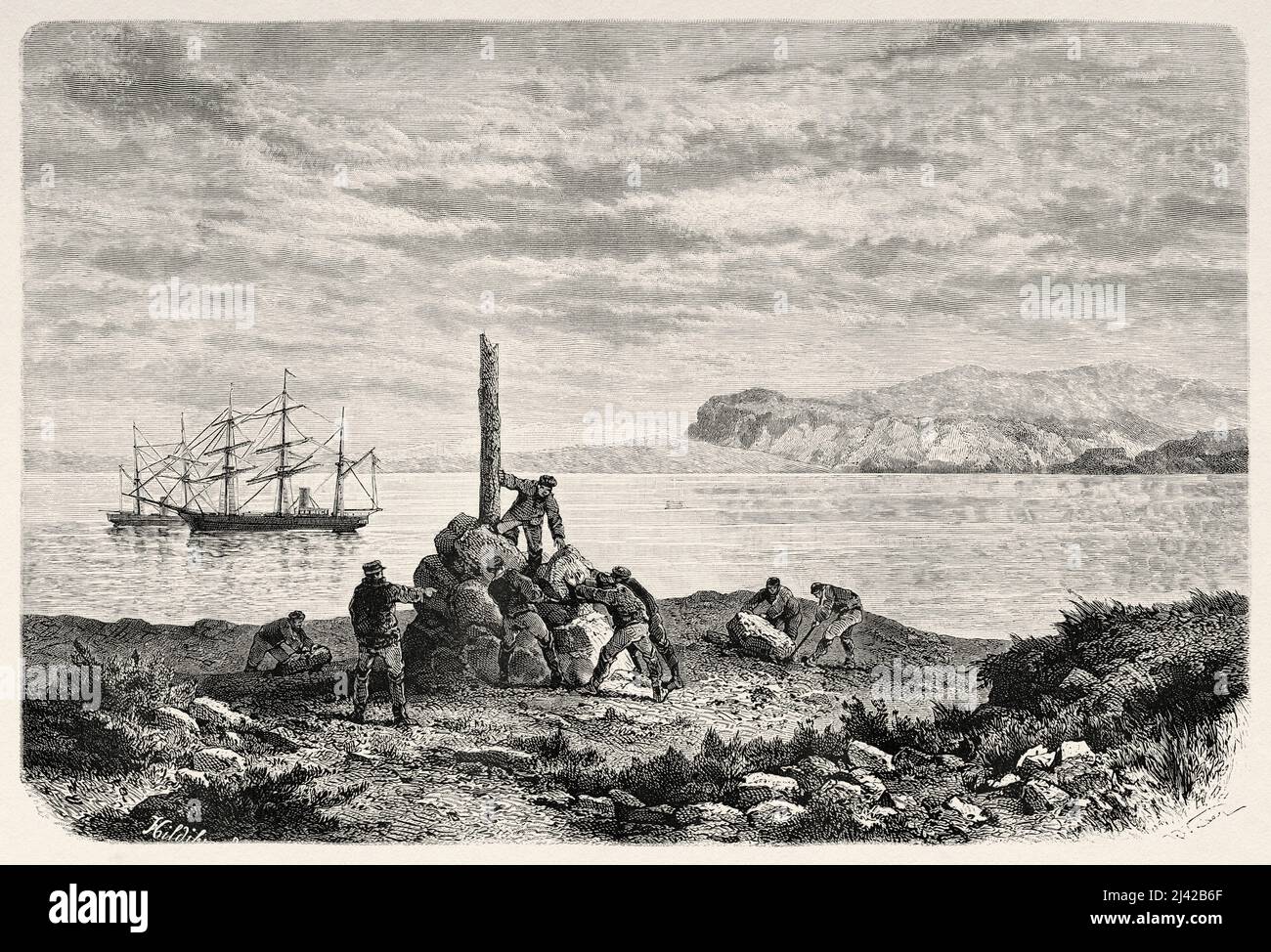 Construction of a signpost on Cape Chelyuskin. Arctic, Russia. The ...