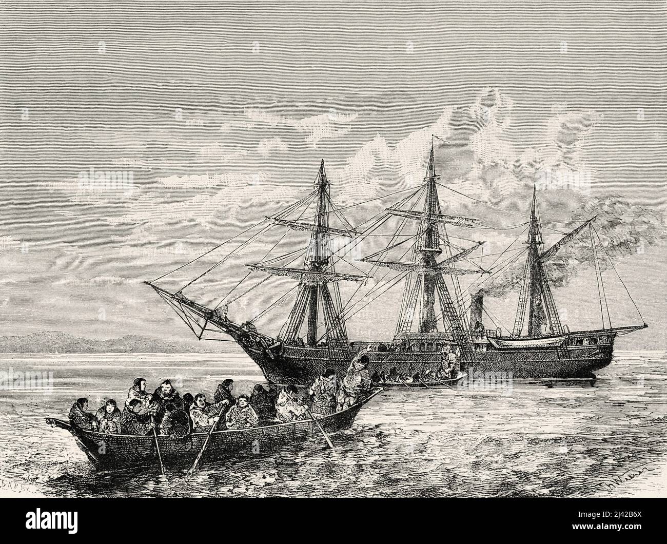The Chukchi boats docking at the Vega ship. The Chukchi are an ...