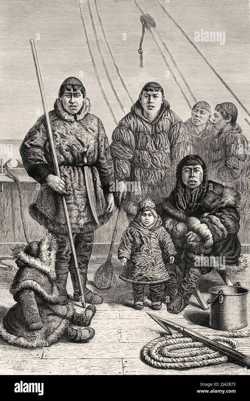Chukchi people on a fishing boat, Bering Strait. Arctic, Russia. The ...