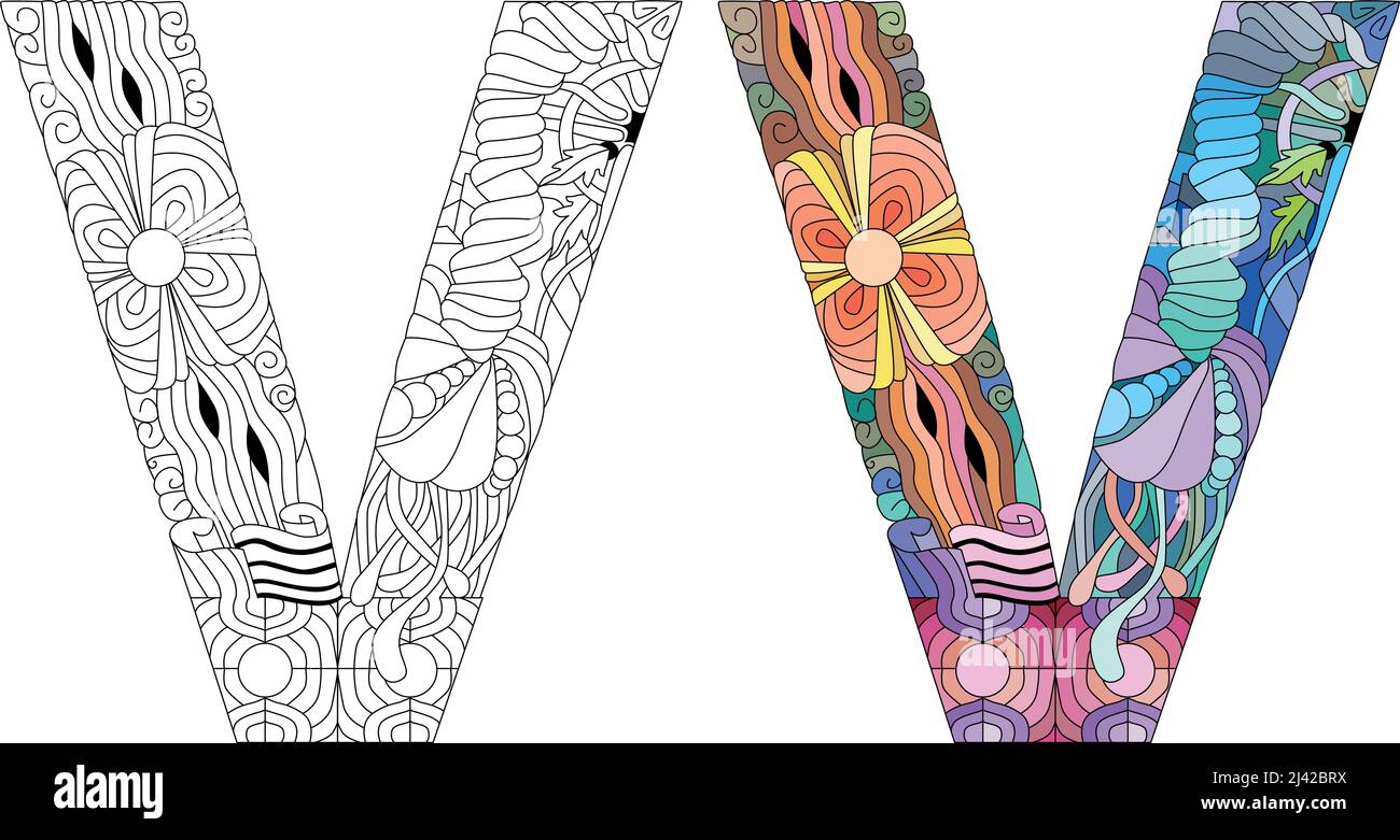Zentangle stylized alphabet - letter V for coloring. Vector ...
