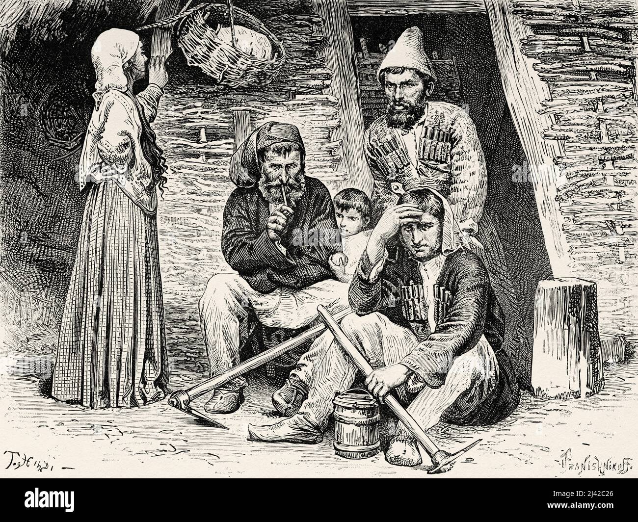 Peasant family at the door of their house. Bedia village, Tkvarcheli ...