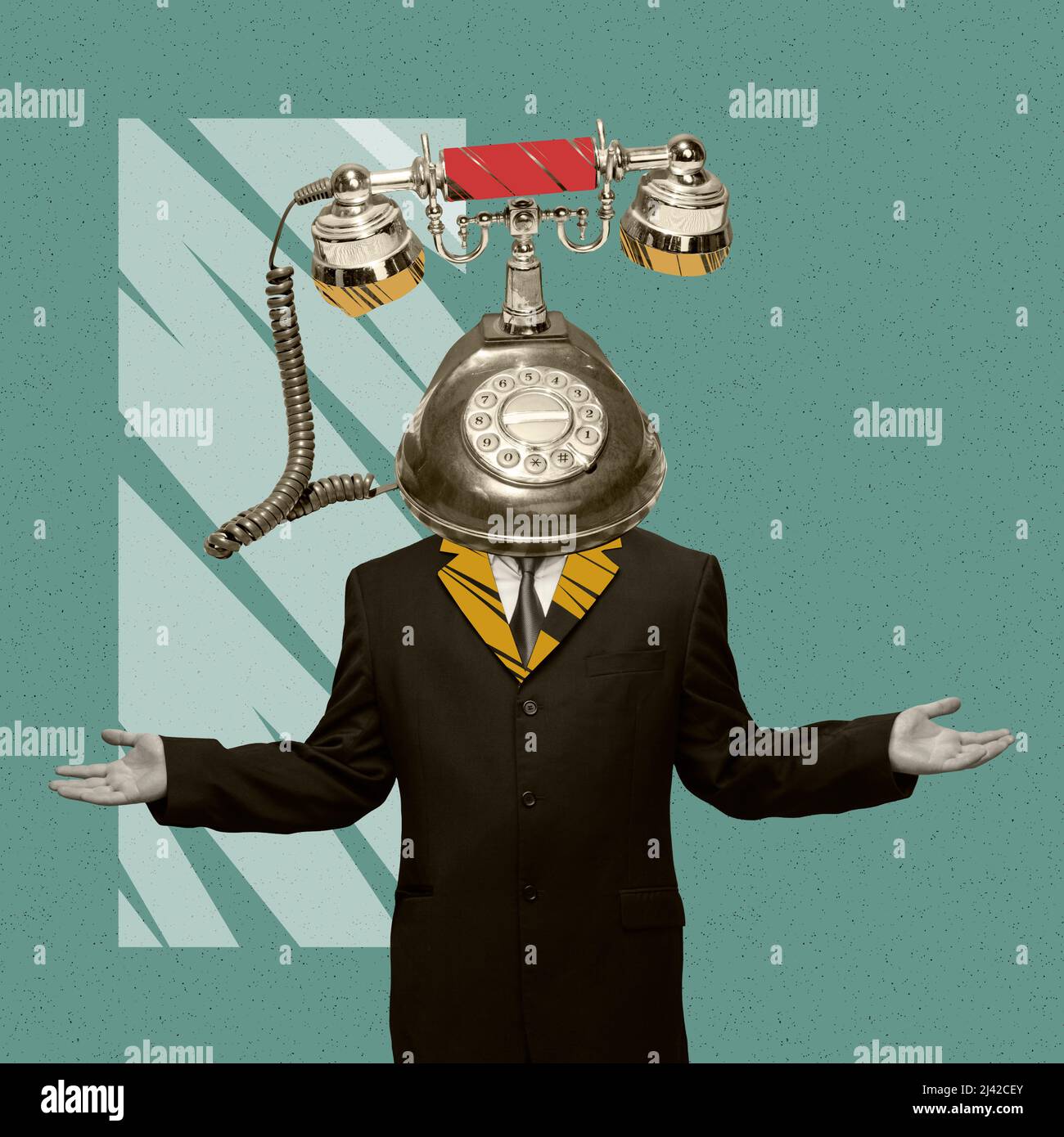 Contemporary art collage. Man in a suit with retro phone head isolated ...