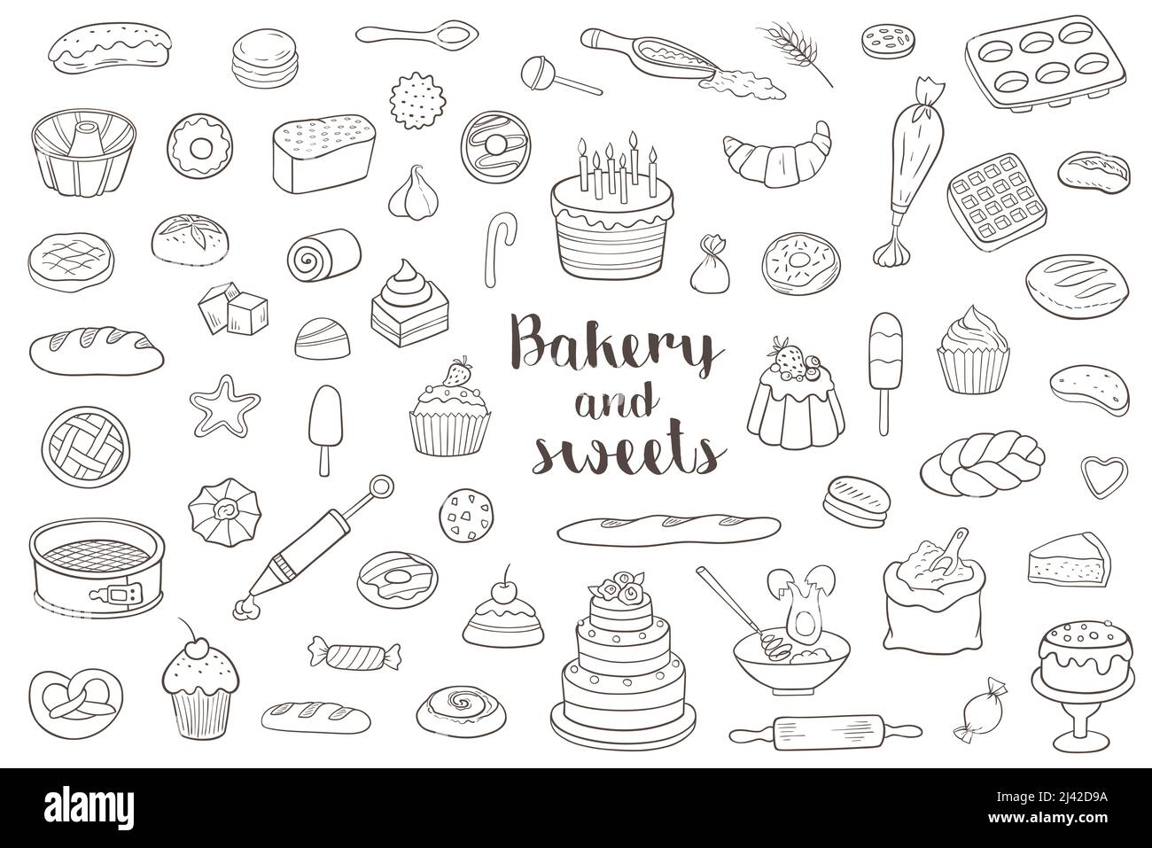 Set of hand drawn bakery and sweets doodles on a white background Stock ...