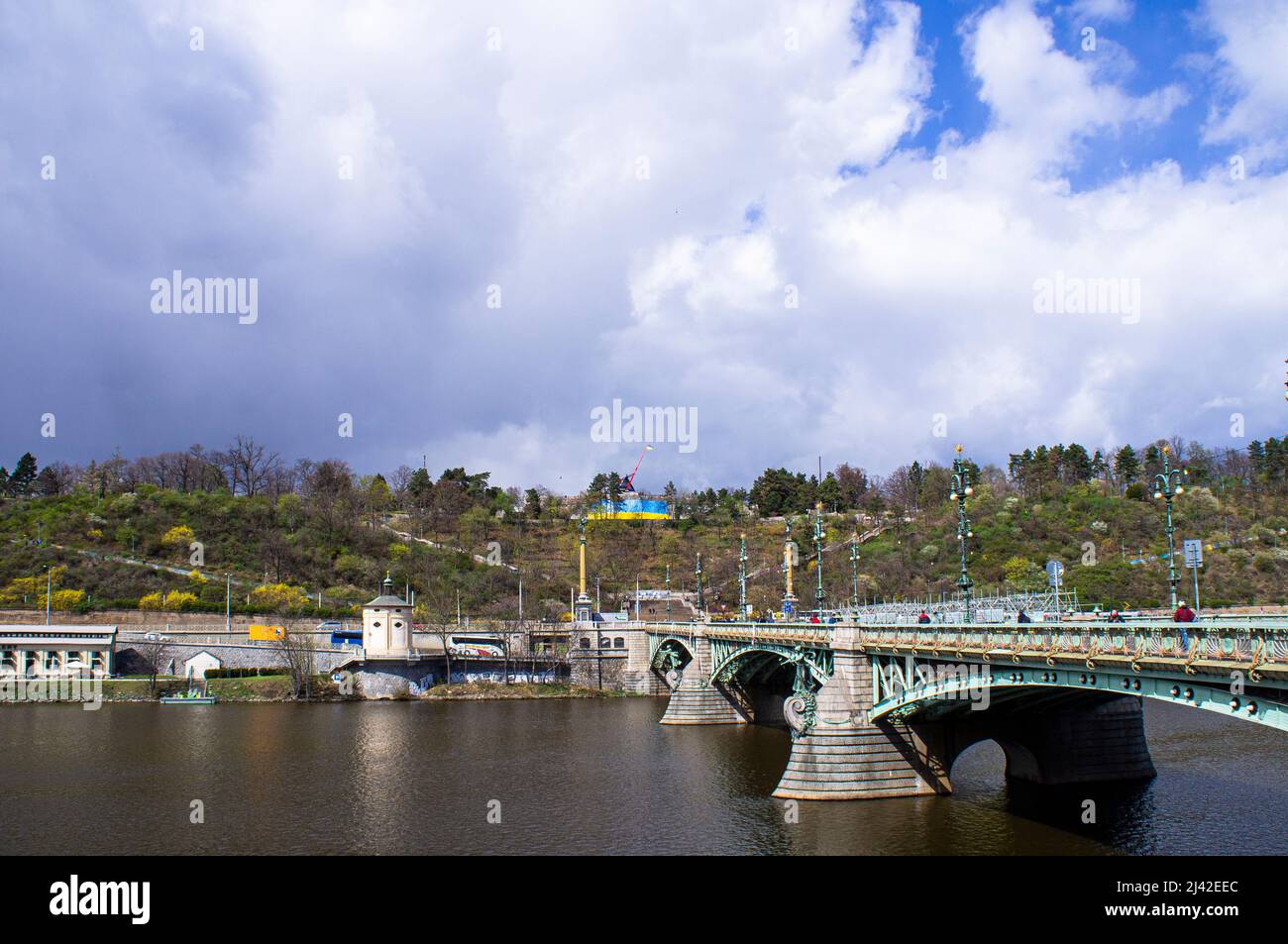 The giant blue and yellow Ukrainian flag hangs on former Stalin ...