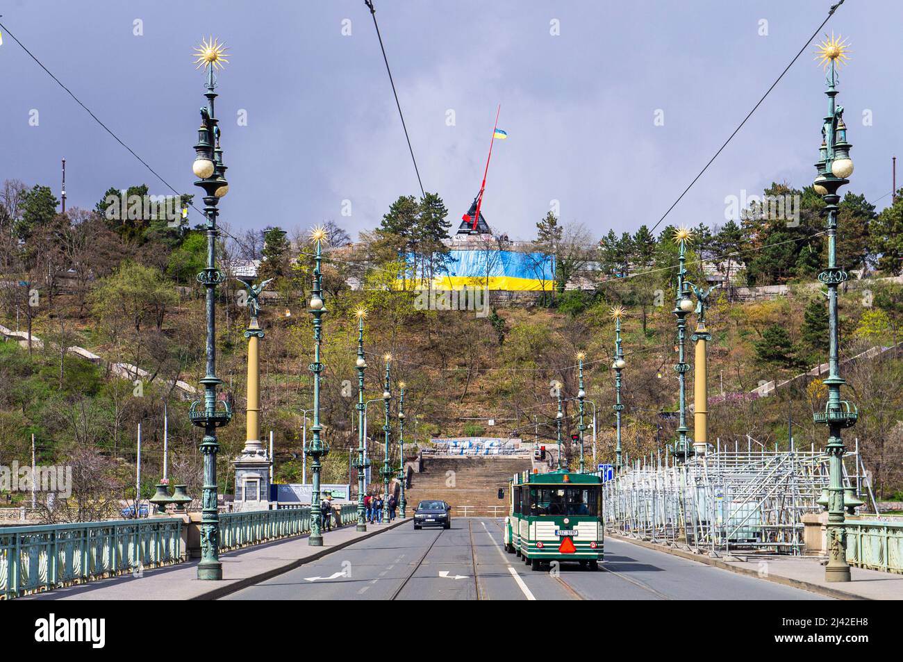 The giant blue and yellow Ukrainian flag hangs on former Stalin ...