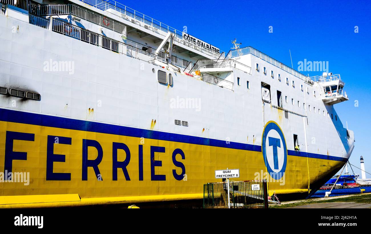 Transmanche company ferry-boat at quay, Dunkirk harbor, Dunkirk, Nord ...