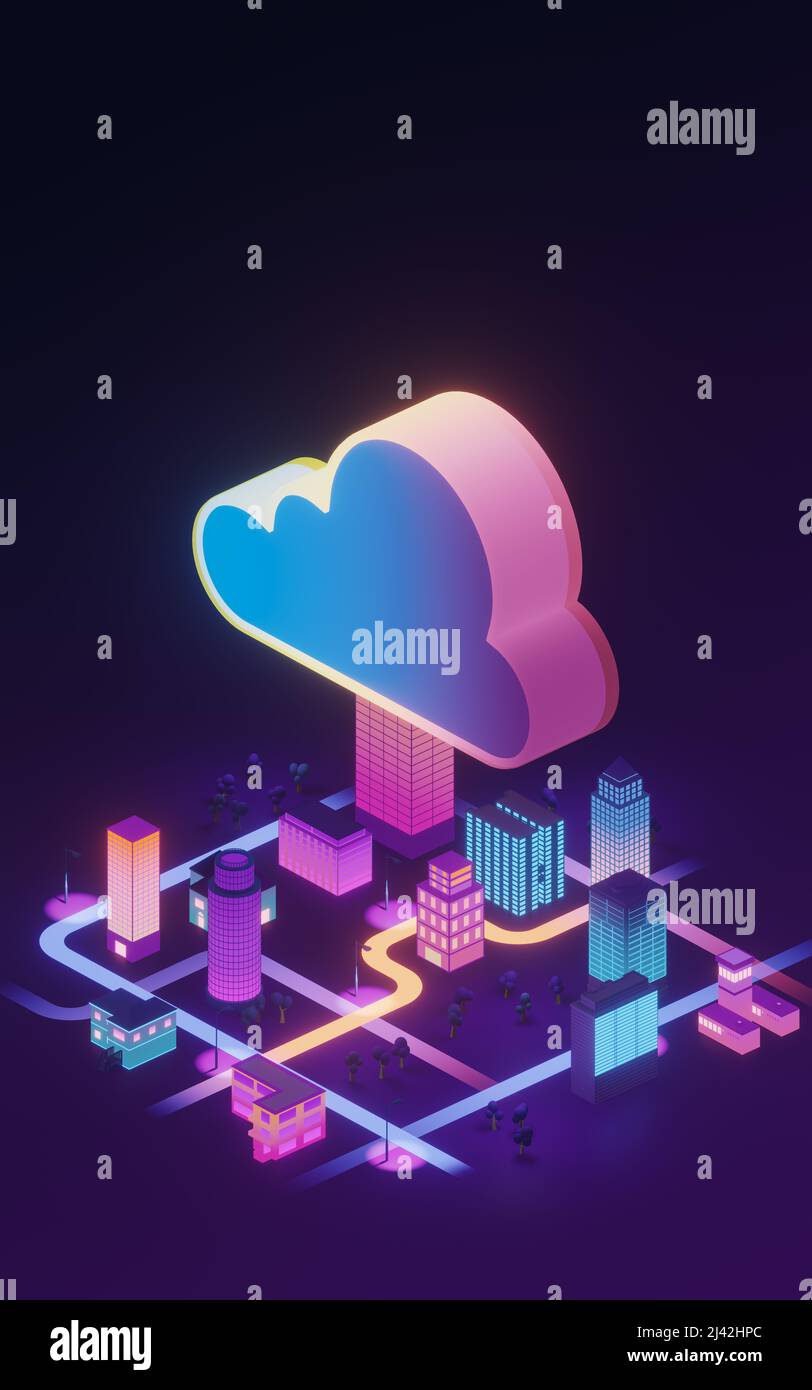 Cloud computing conceptual illustration, 3d rendering. Computer digital ...