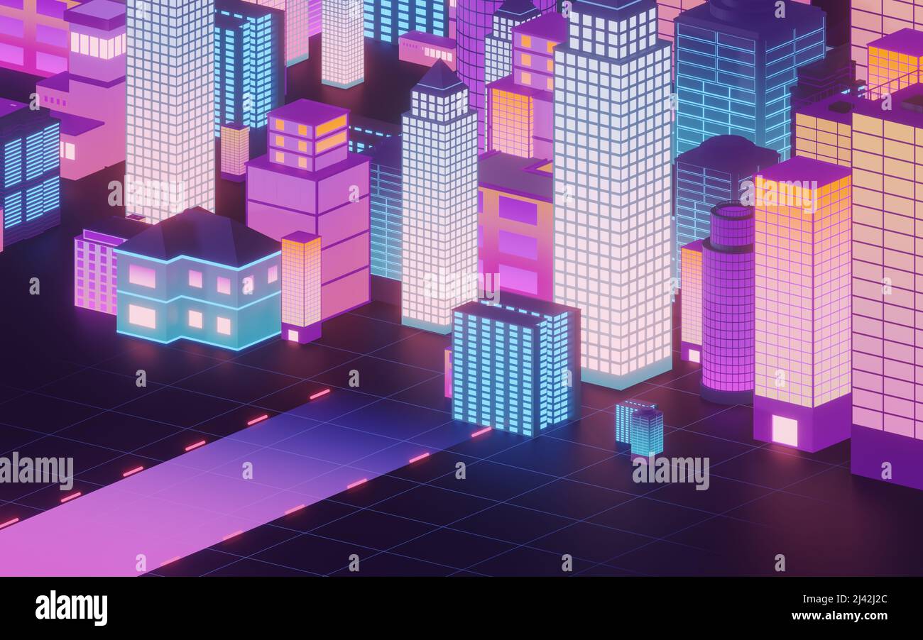 Downtown city, neon glowing building, 3d rendering. Computer digital ...