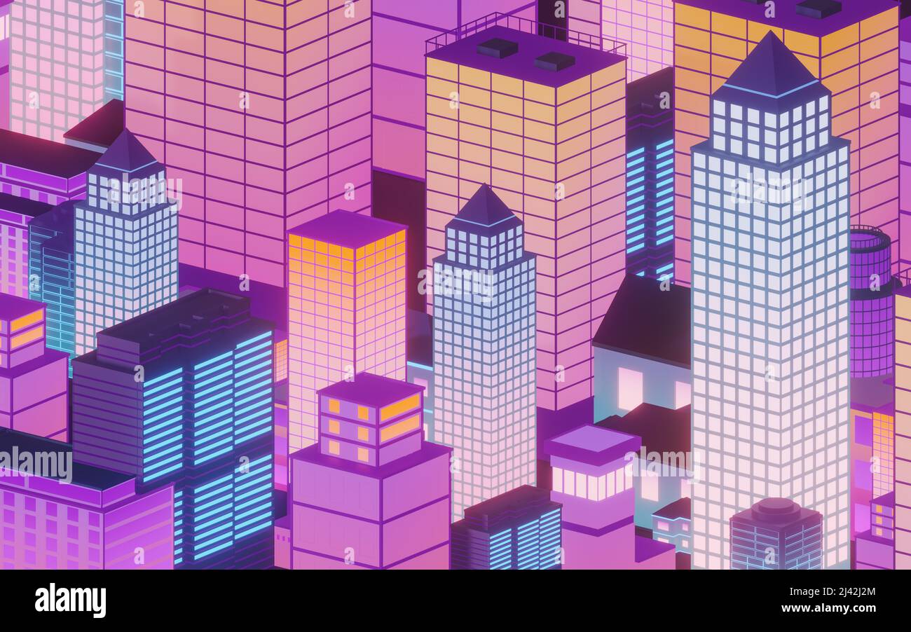 Downtown city, neon glowing building, 3d rendering. Computer digital ...