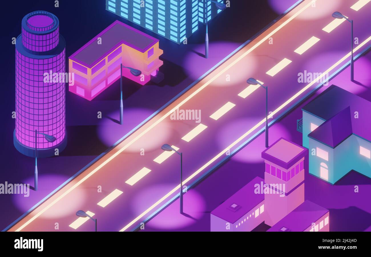 Downtown city, neon glowing building, 3d rendering. Computer digital ...