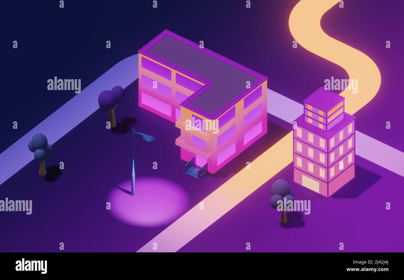 Downtown city, neon glowing building, 3d rendering. Computer digital ...