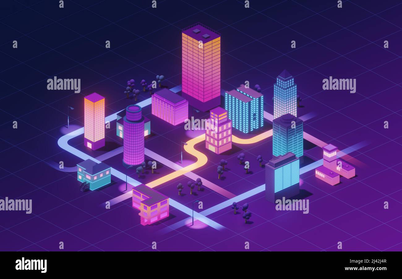 Downtown city, neon glowing building, 3d rendering. Computer digital ...