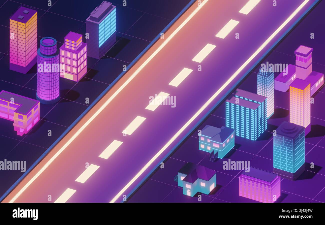 Downtown city, neon glowing building, 3d rendering. Computer digital ...