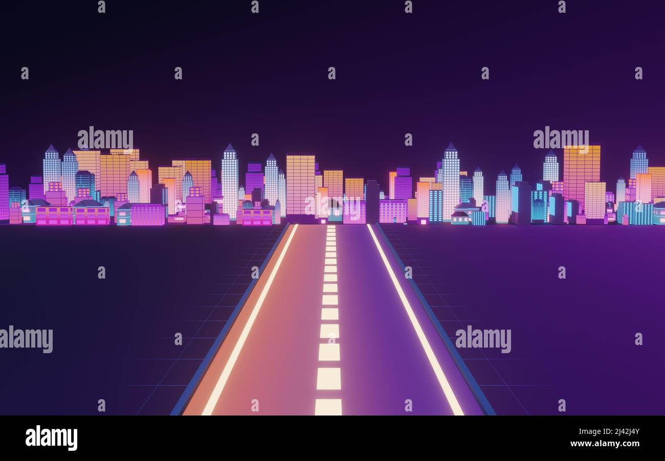 Downtown city, neon glowing building, 3d rendering. Computer digital ...