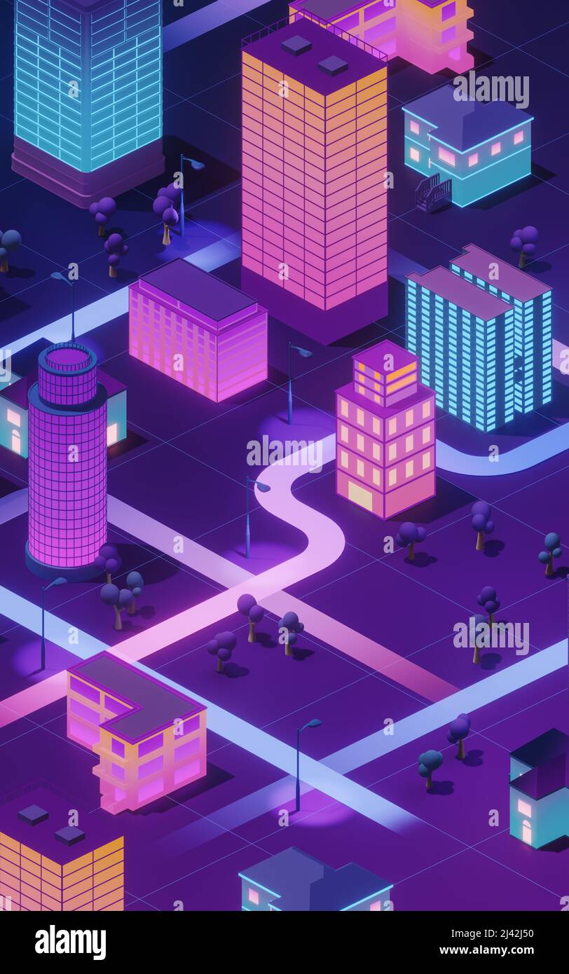 Downtown city, neon glowing building, 3d rendering. Computer digital ...