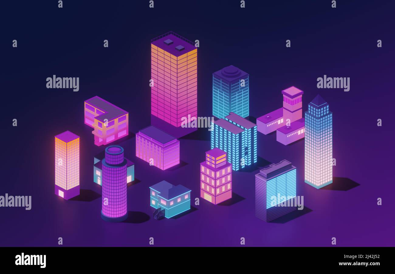 Downtown city, neon glowing building, 3d rendering. Computer digital ...