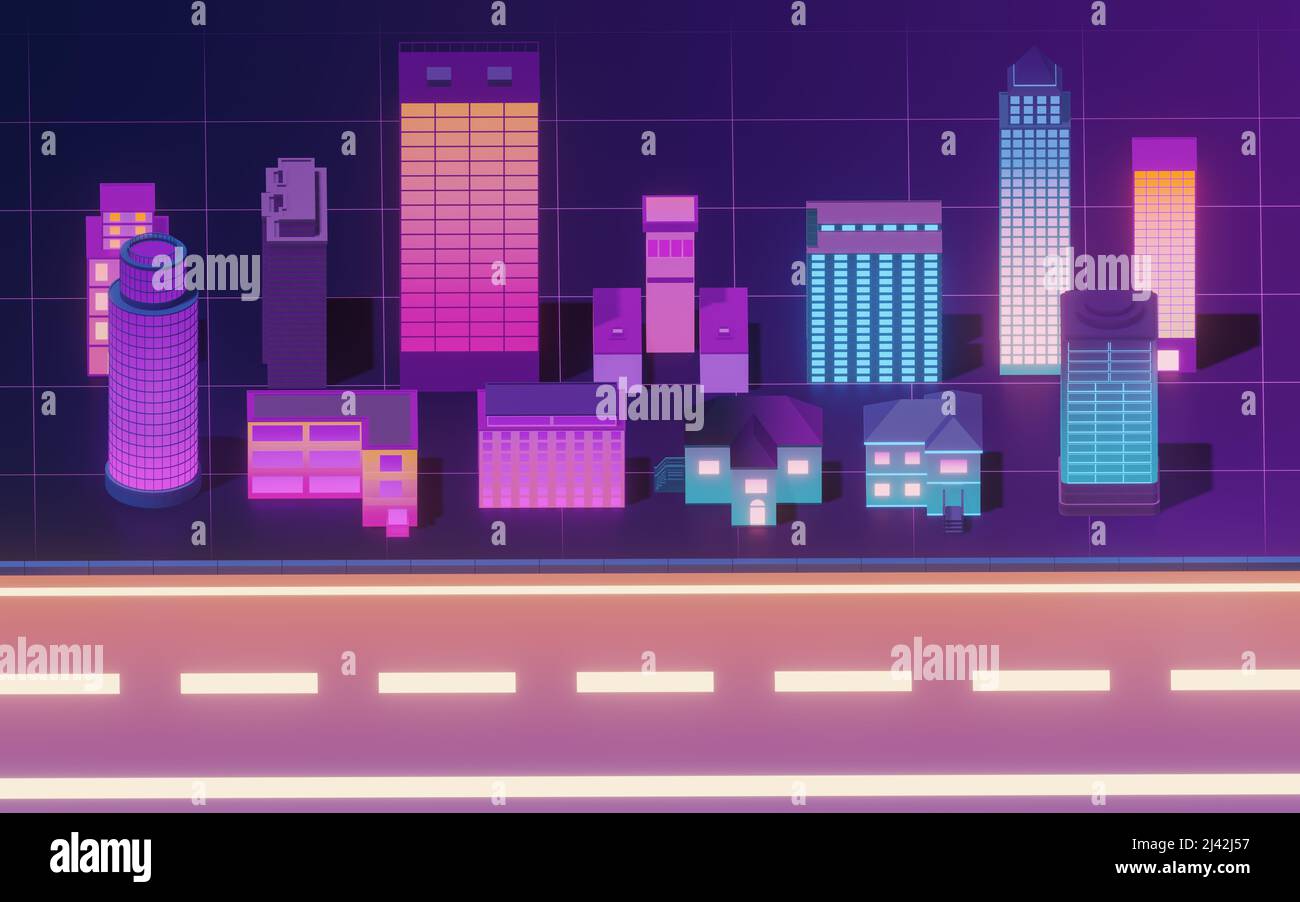 Downtown city, neon glowing building, 3d rendering. Computer digital ...