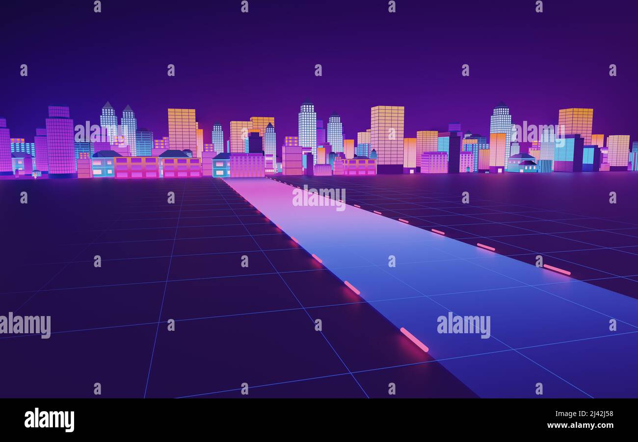 Downtown city, neon glowing building, 3d rendering. Computer digital ...