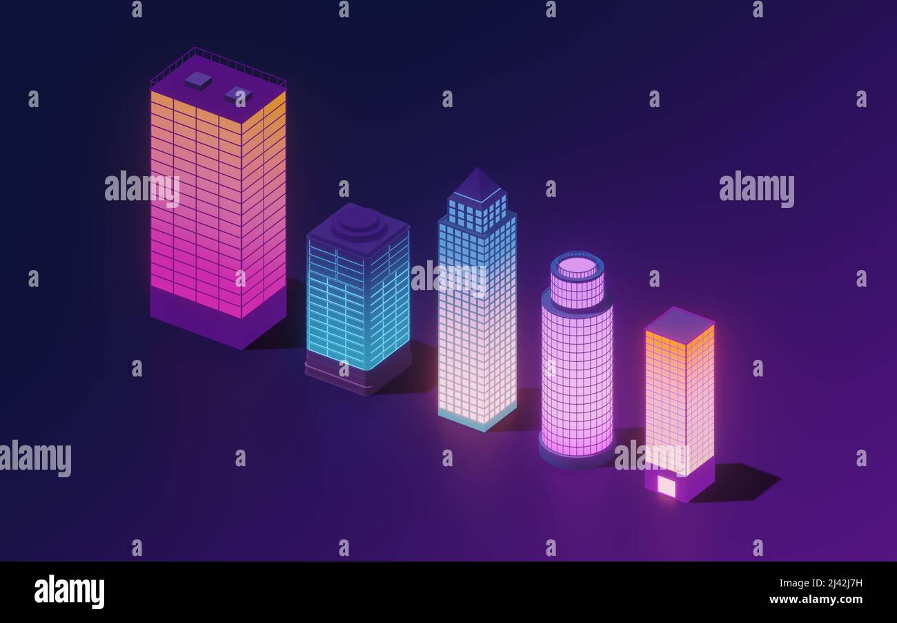 Downtown city, neon glowing building, 3d rendering. Computer digital ...