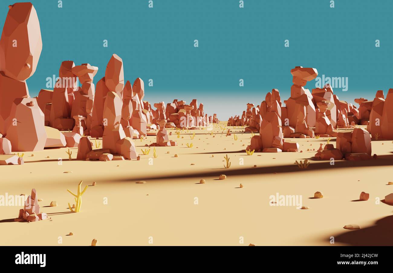 Cartoon rocks with sand desert, 3d rendering. Compter digital drawing ...