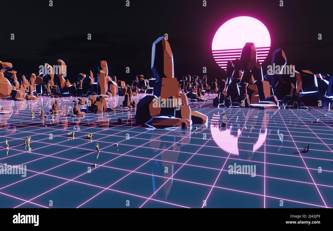 Dark empty planet, retro stylize background, 3d rendering. Computer ...