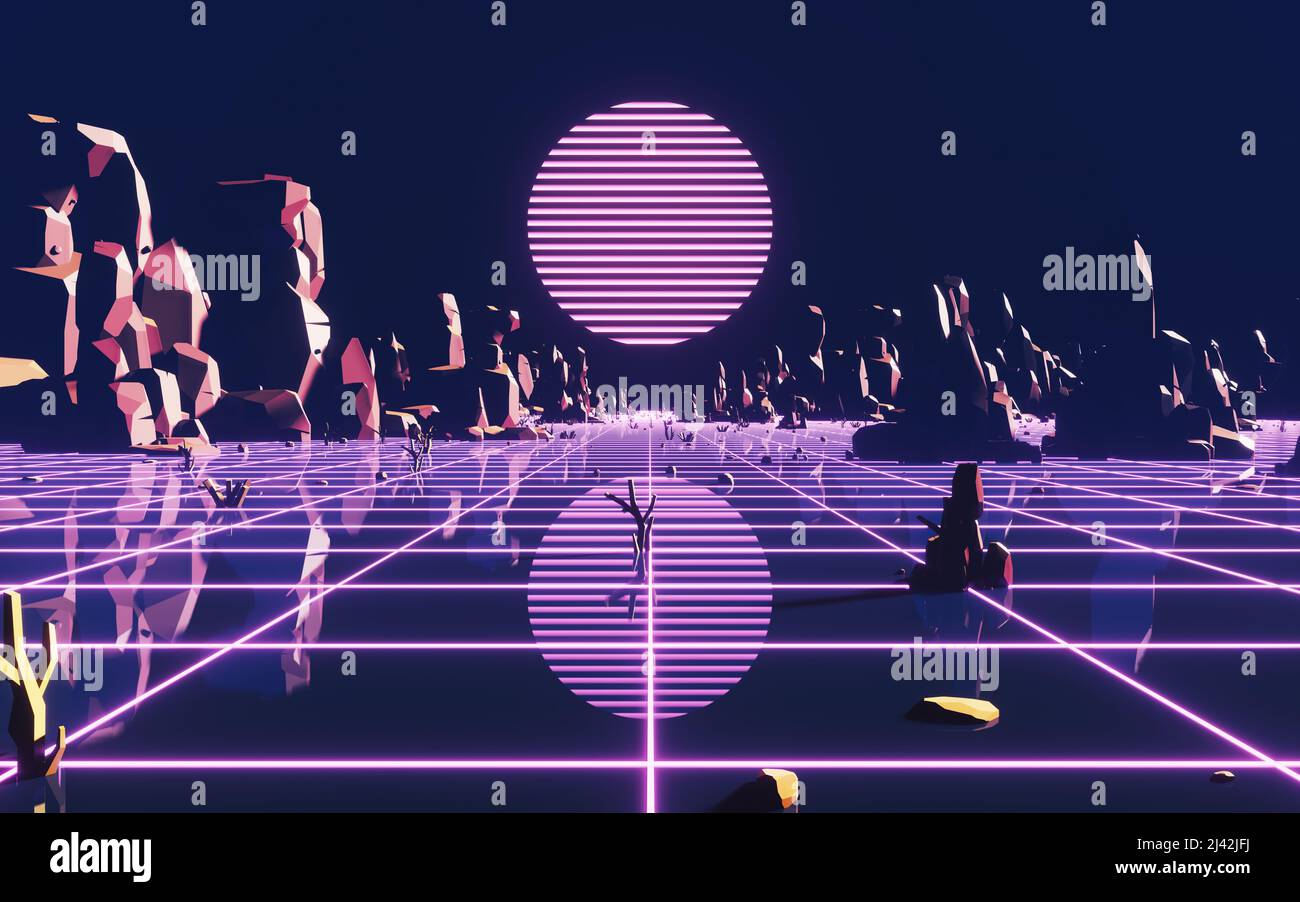 Dark empty planet, retro stylize background, 3d rendering. Computer ...