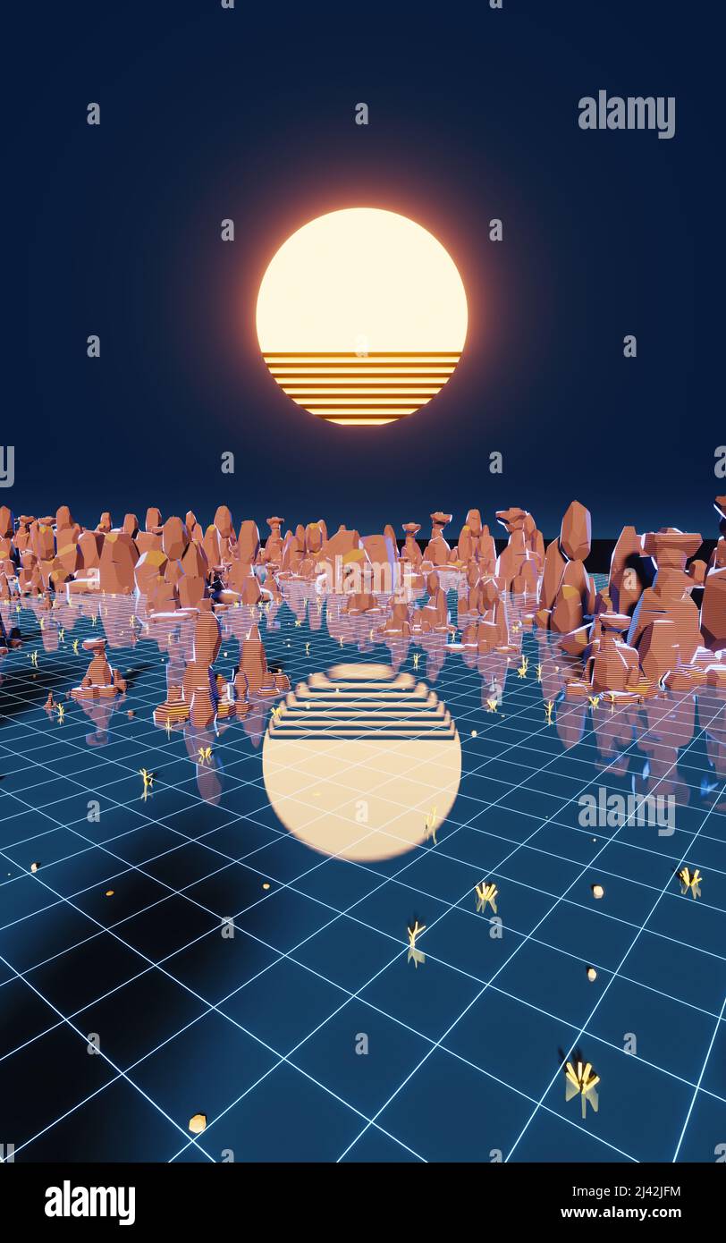 Dark empty planet, retro stylize background, 3d rendering. Computer ...