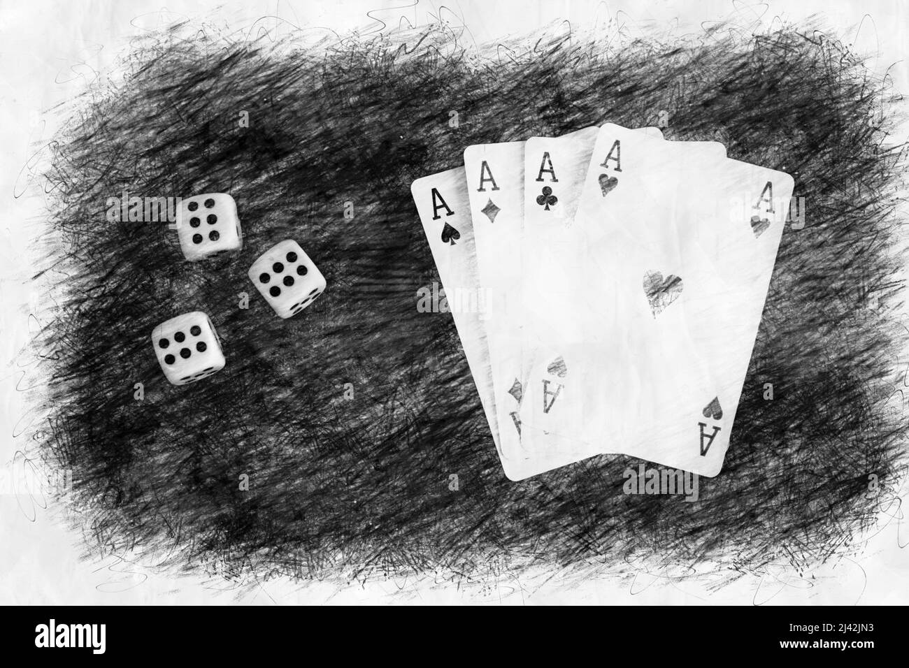 deck of cards 4 aces and dices in pencil drawing style Stock Photo - Alamy