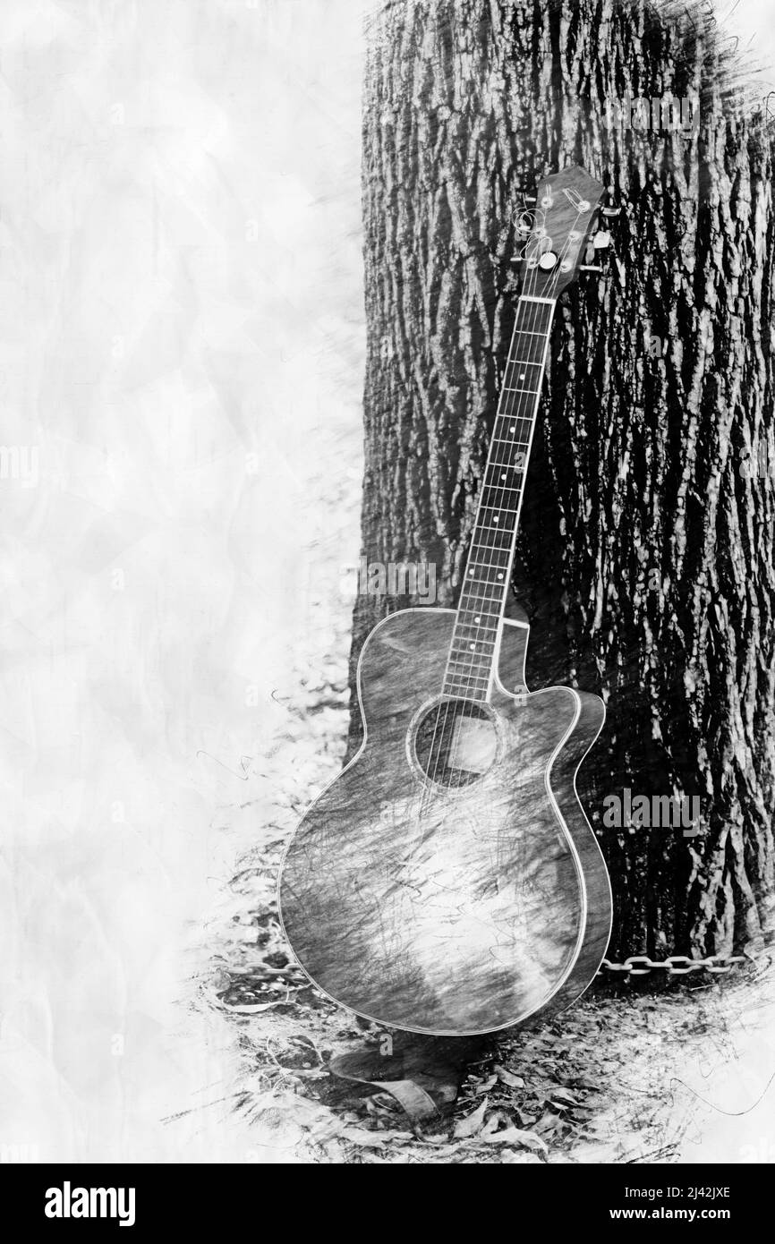 a guitar leaning on tree in pencil drawing style Stock Photo - Alamy
