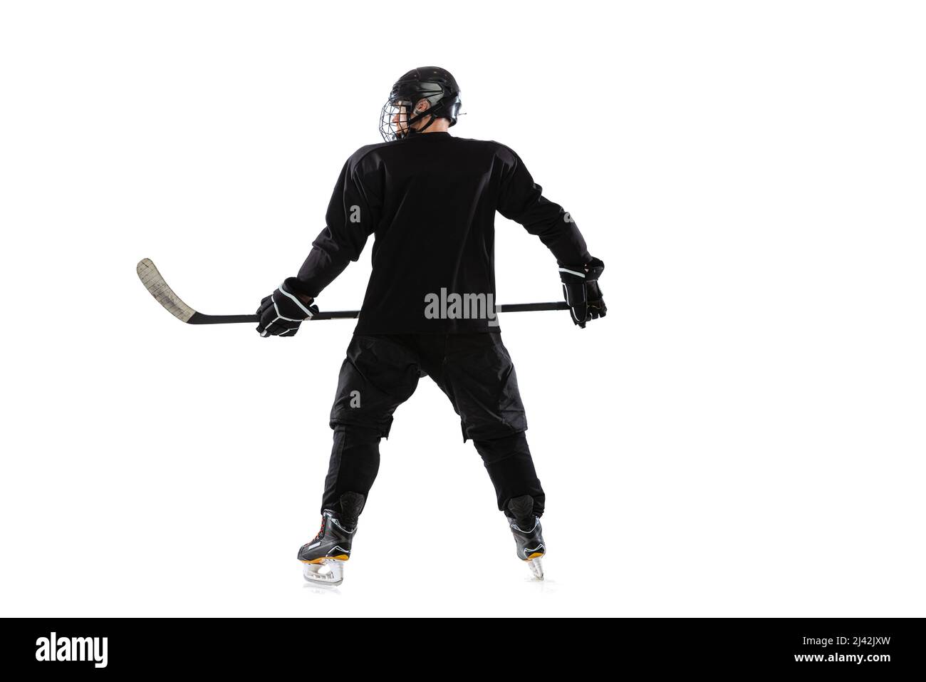 Back view portrait of professional hockey player in posing isolated ...