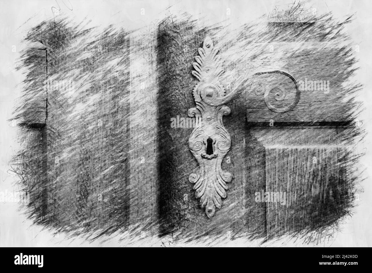door with antique door handle in pencil drawing style Stock Photo - Alamy