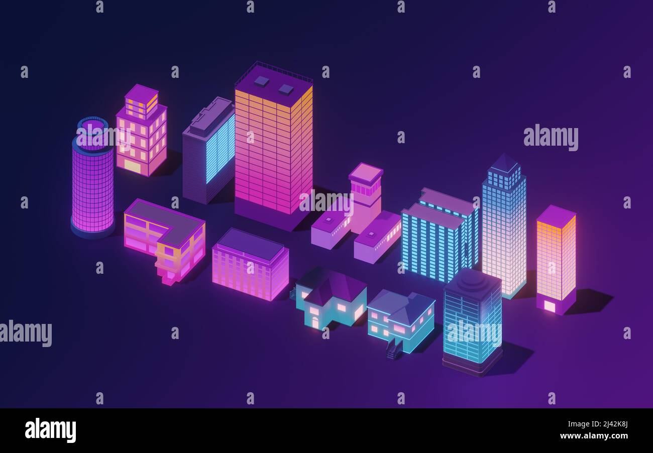 Downtown city, neon glowing building, 3d rendering Stock Photo - Alamy