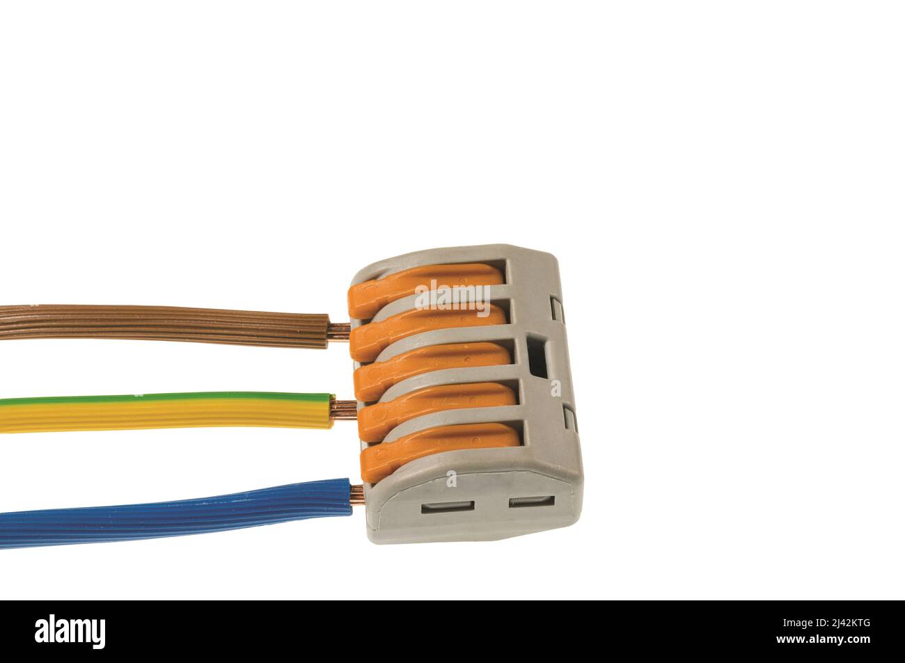 Close up view of connected electrical cables for electrical wiring with ...