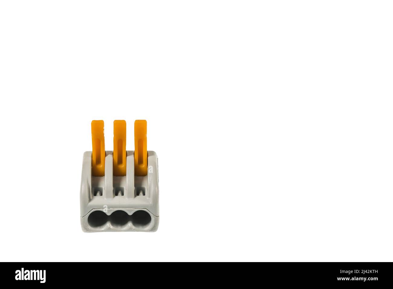 Close up view of three wires connector isolation on white background ...